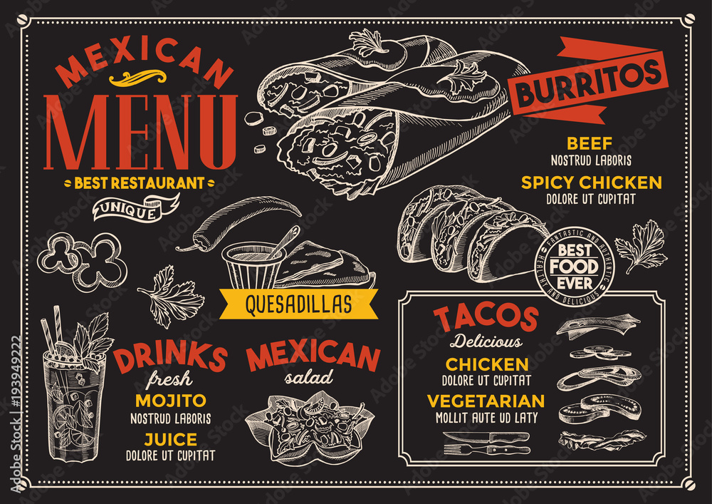 Mexican restaurant menu. Vector food flyer for bar and cafe. Design ...