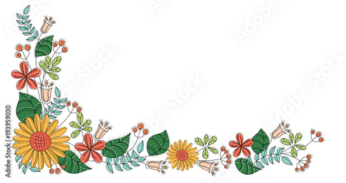 Cartoon corner decoration with flowers, plants and leaves. Vector ...