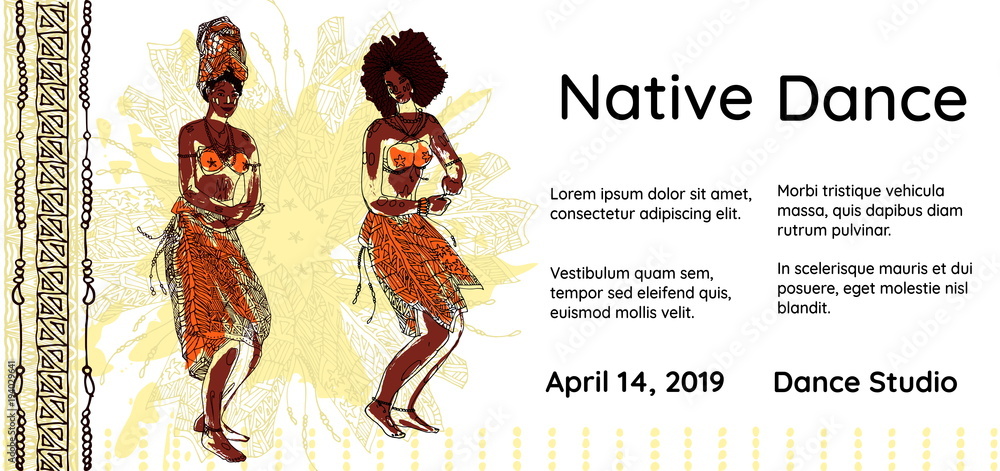 Banner or poster template of for native dance party. Two tribal dancing ...
