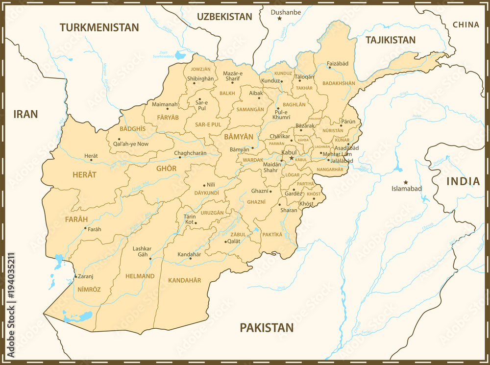 Afghanistan map with neighboring countries and rivers. Administrative ...
