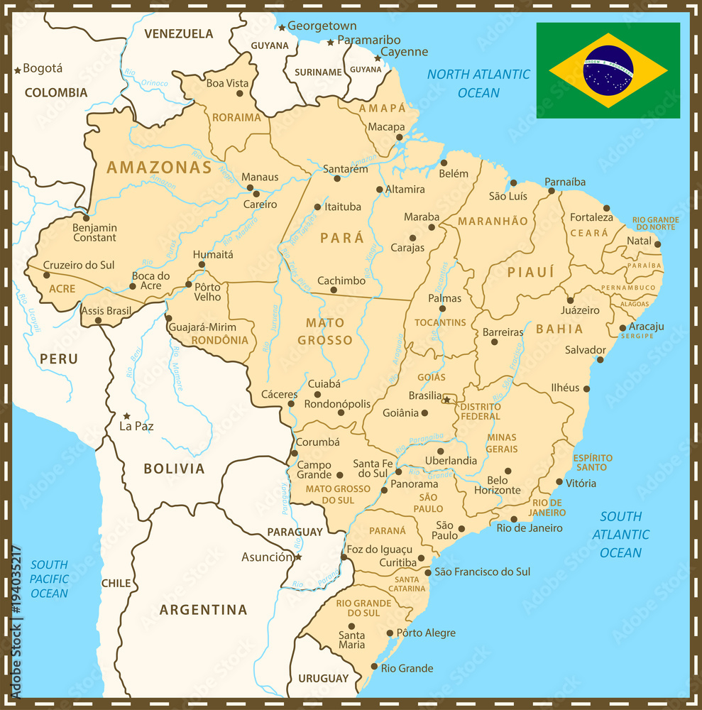 Brazil map with neighboring countries and rivers. Administrative ...