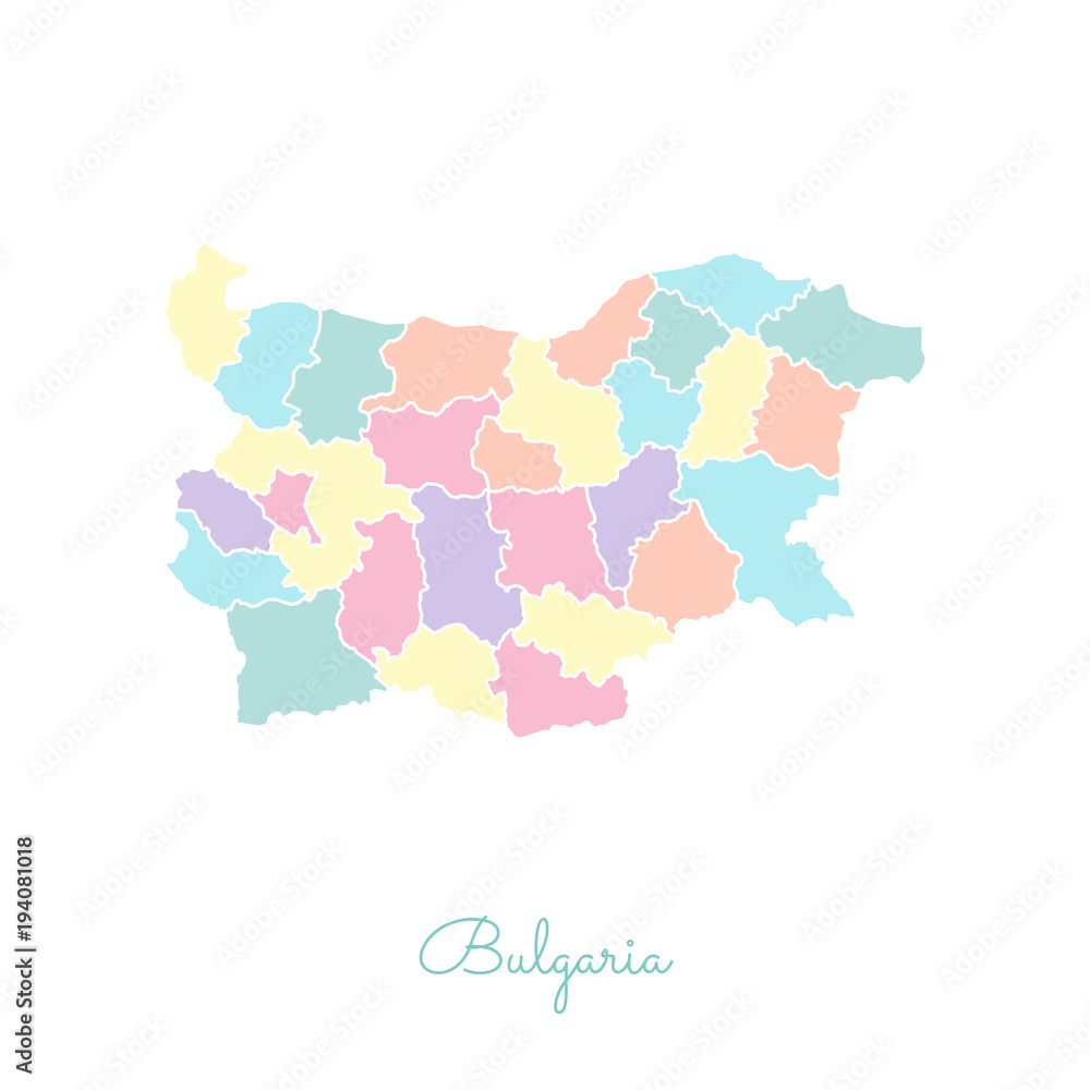 Bulgaria region map: colorful with white outline. Detailed map of Bulgaria regions. Vector ...