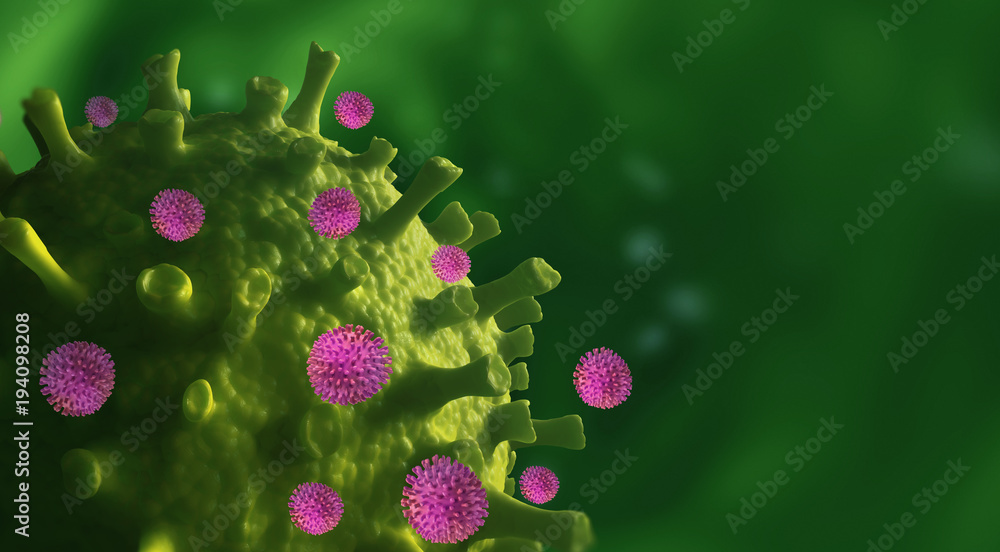 Pathogenic bacteria, viruses and microscopic germs. 3D illustration in ...