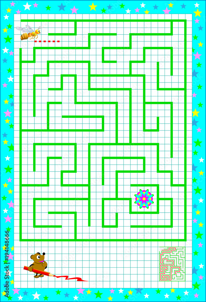 Logic puzzle game with labyrinth for children on a square paper. Help ...