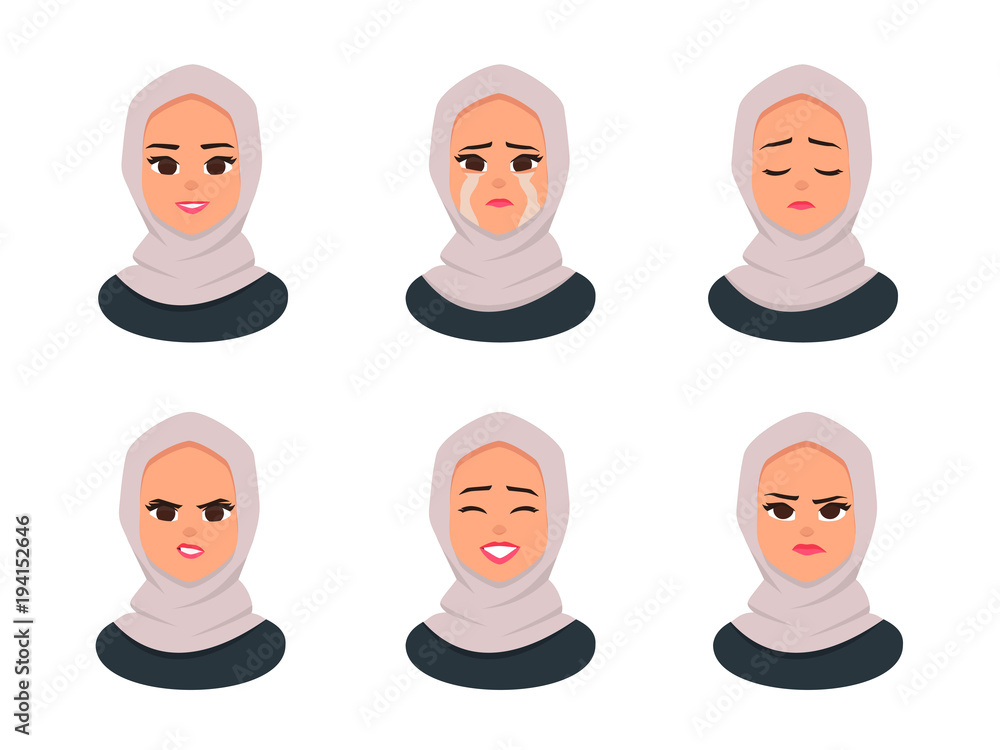 Set of Muslim woman's emotions. Smiling girl in hijab.Facial ...
