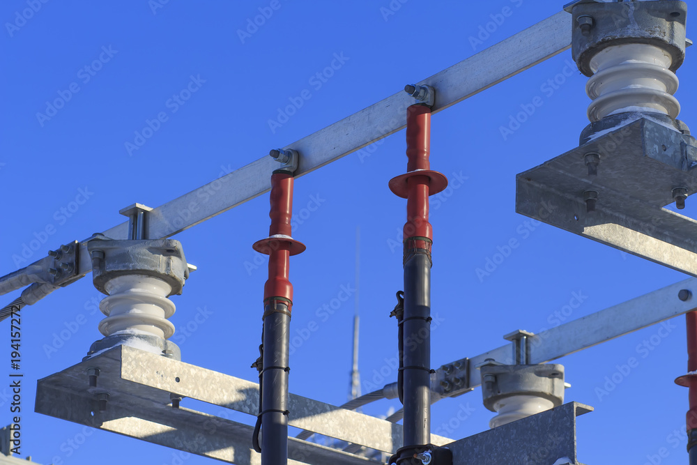 high-voltage cable is connected to distribution bus. Industrial ...