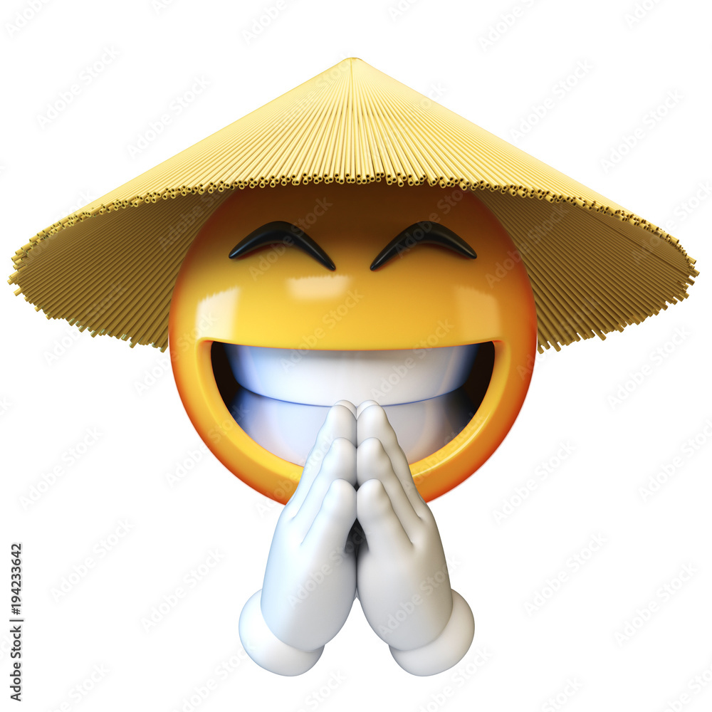 Asian emoji with conical straw hat isolated on white background, Asian ...