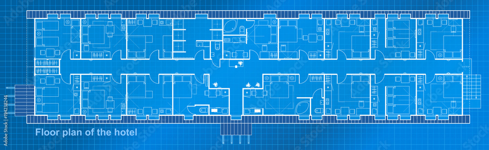 Hotel planning icon set. Furniture symbols collection used in ...