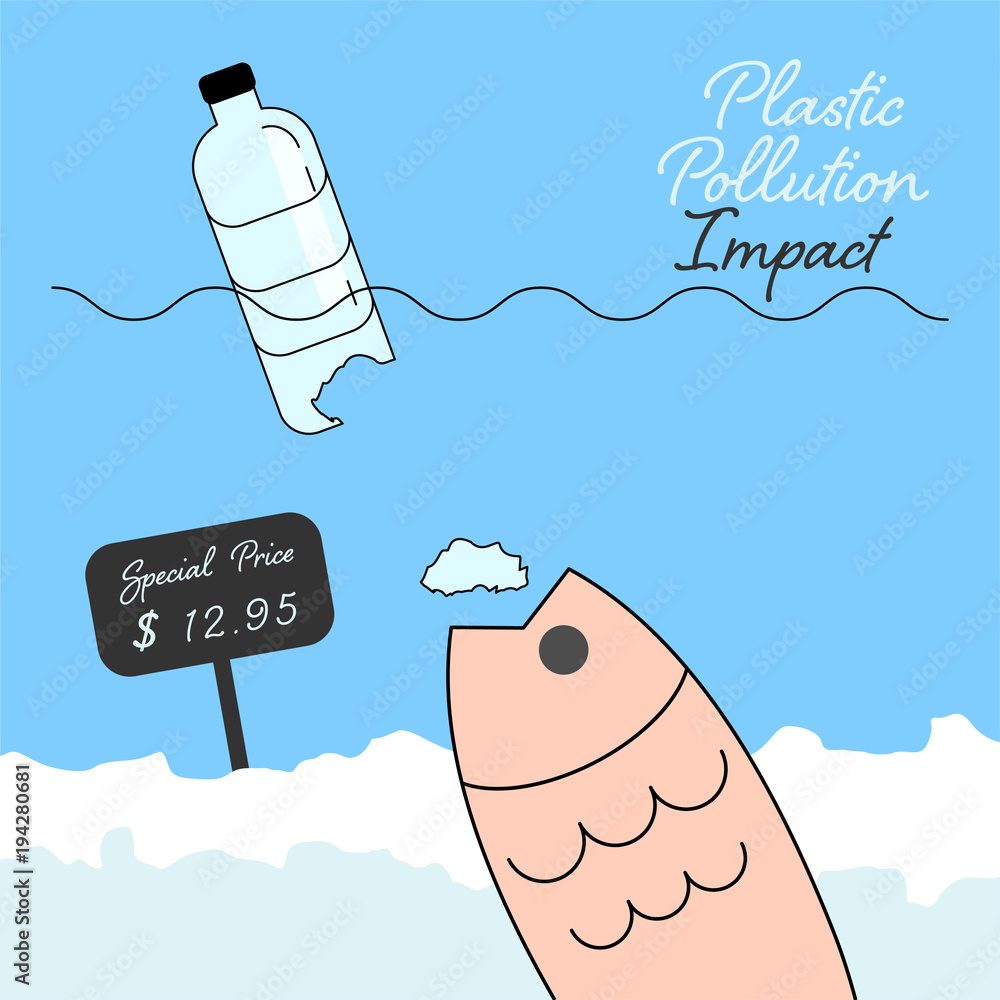 Vetor Impact of plastic pollution to seafood. Ocean plastic pollution ...