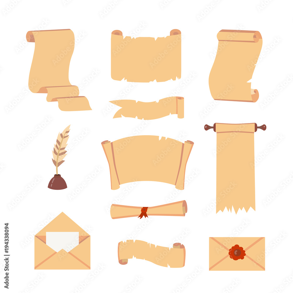 Old Paper scroll vector set. Retro document script with copyspace ...