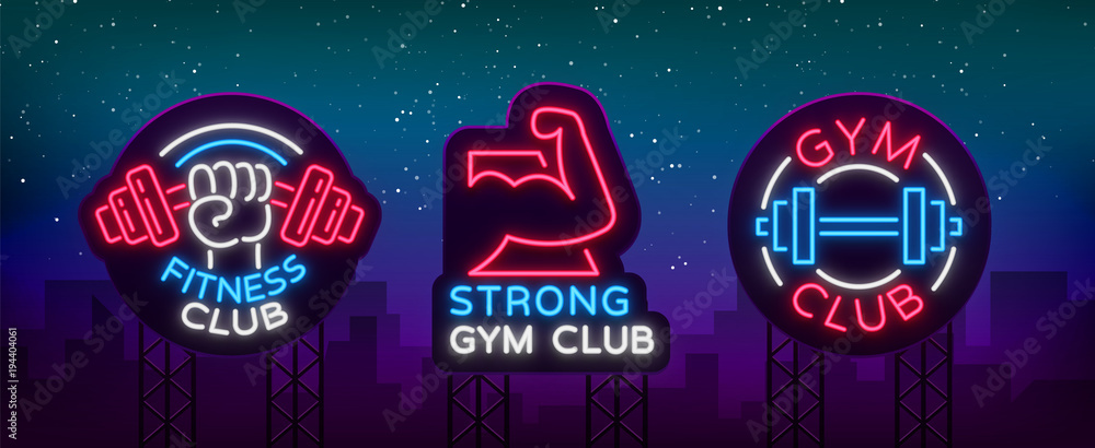 Set logo signs on fitness theme, bodybuilding in neon style isolated ...