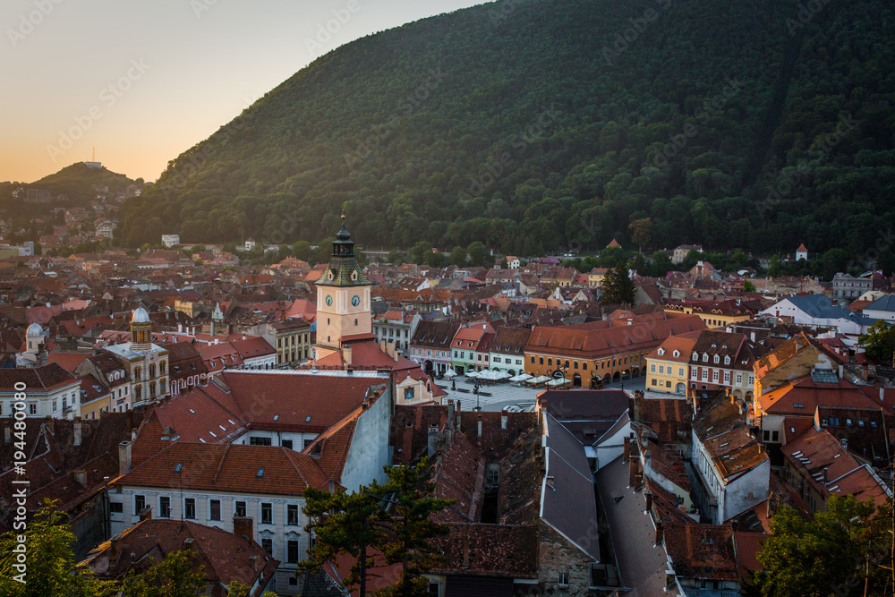 Brasov city stunning sunrise overview panorama. Famous destination ...