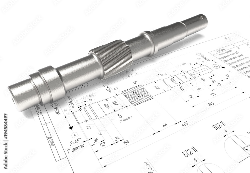 drawing of machine parts. Design documentation. Drawings and metal ...
