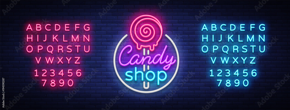 Candy shop logo in neon style. Store sweets neon sign, banner light ...