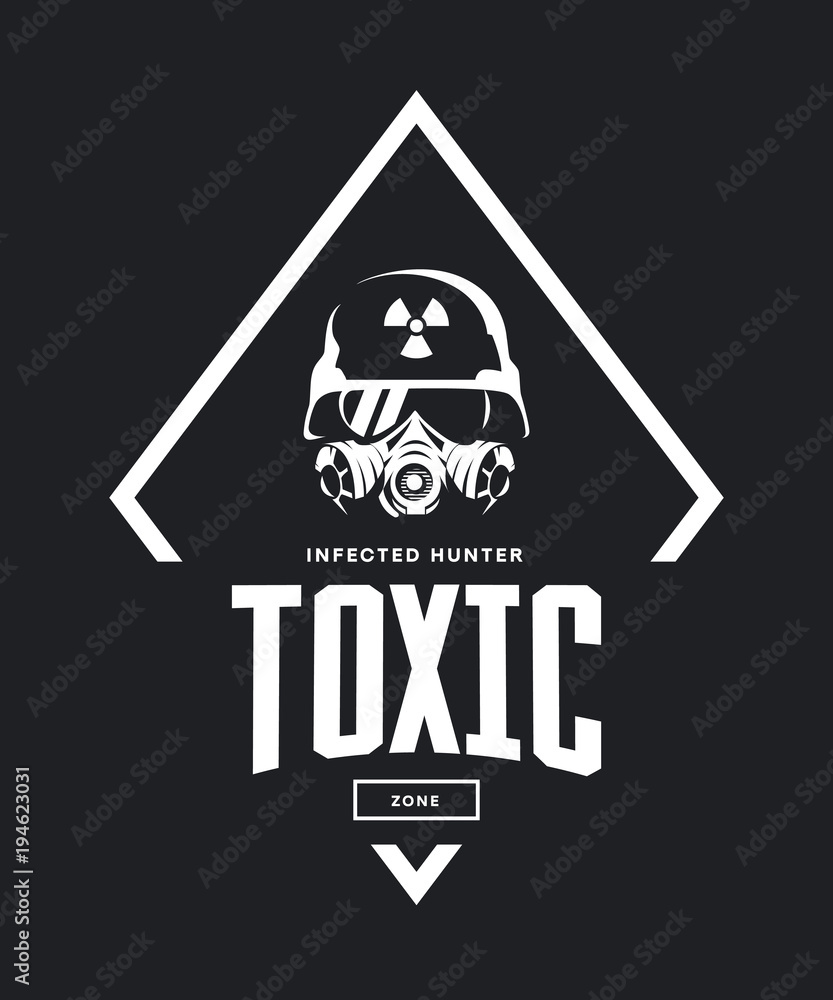 Rider in helmet and gas mask vector logo isolated on dark background ...