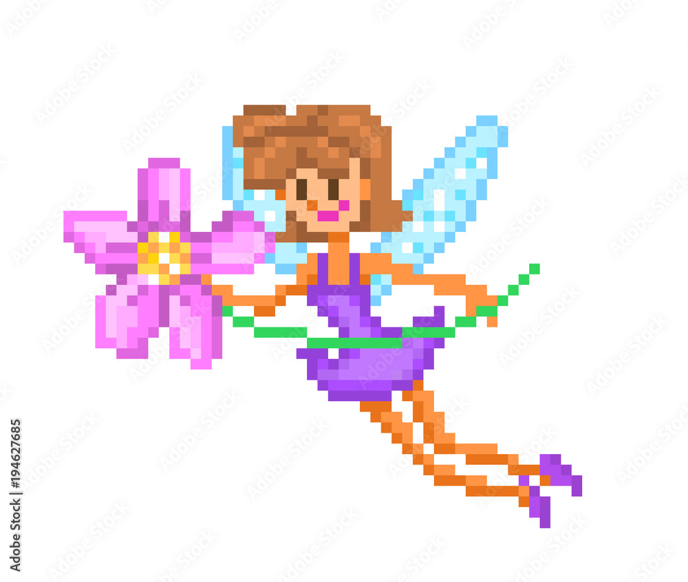 Pixel art character, small flying fairy with wings in violet dress with ...
