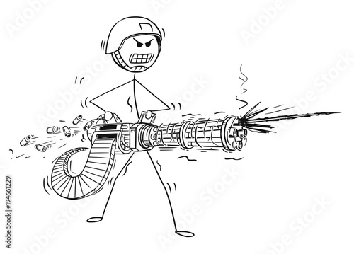 Cartoon stick man drawing conceptual illustration of soldier shooting ...