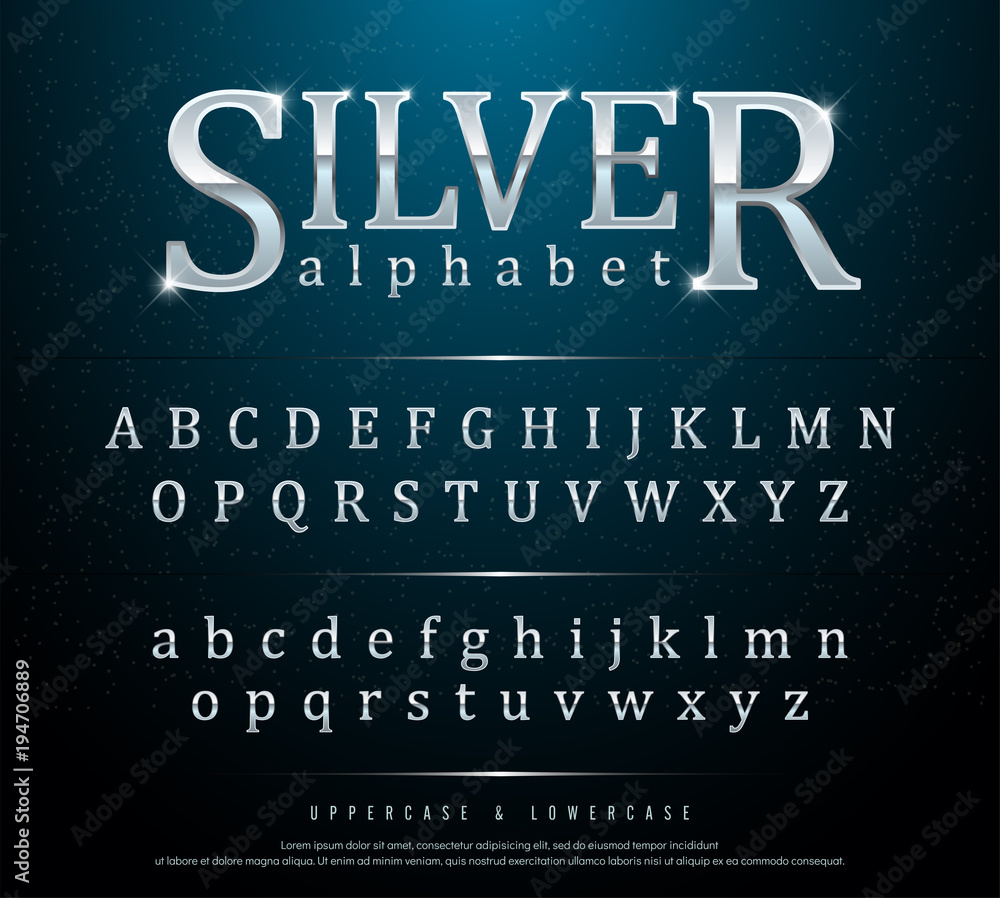 80s Retro Elegant silver Colored Metal Chrome alphabet font. Typography ...