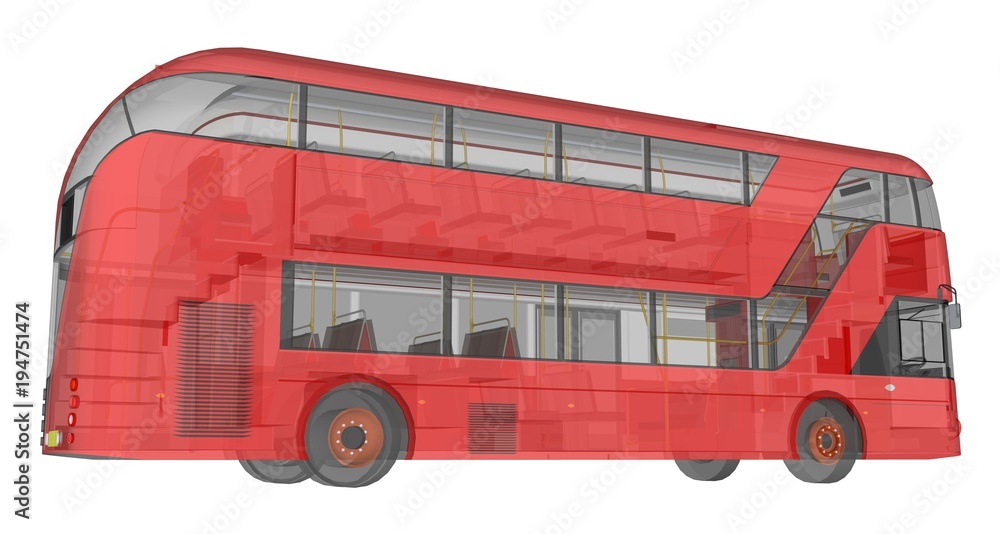 A double-decker bus, a translucent casing under which many interior ...