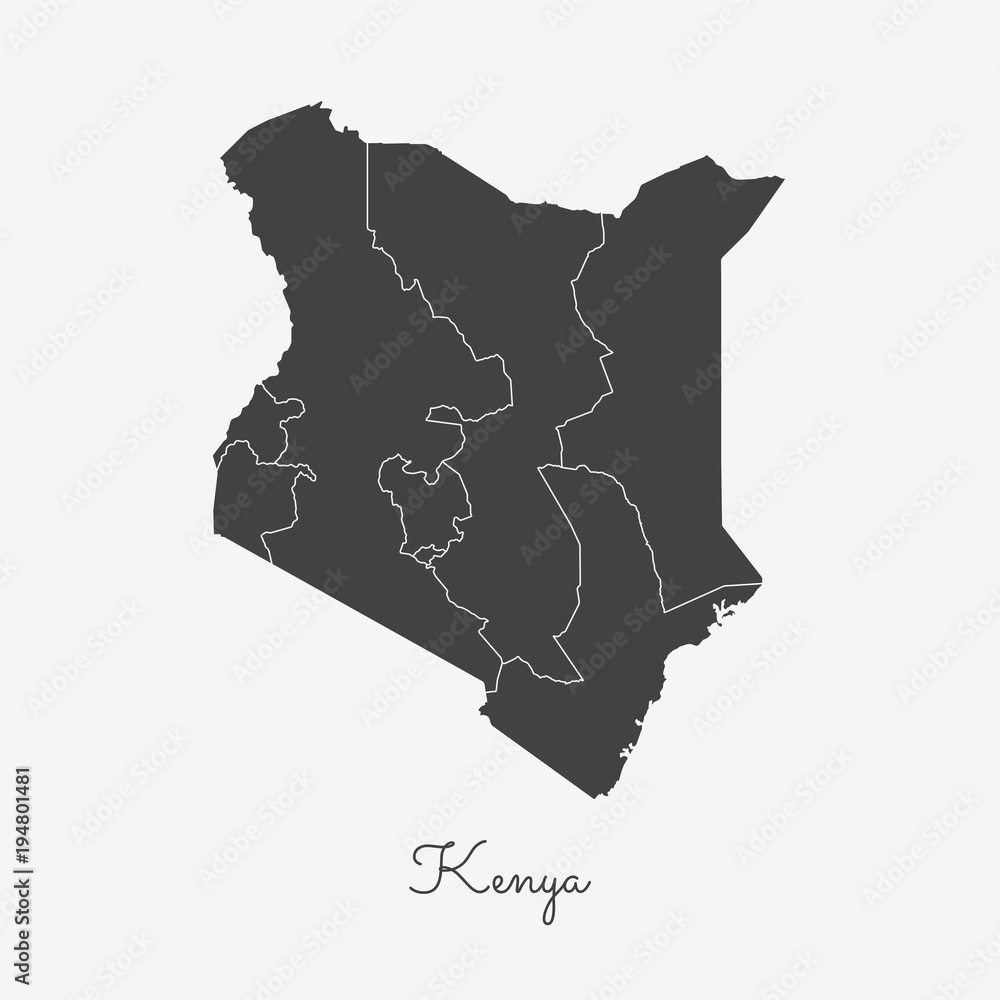Kenya region map: grey outline on white background. Detailed map of ...