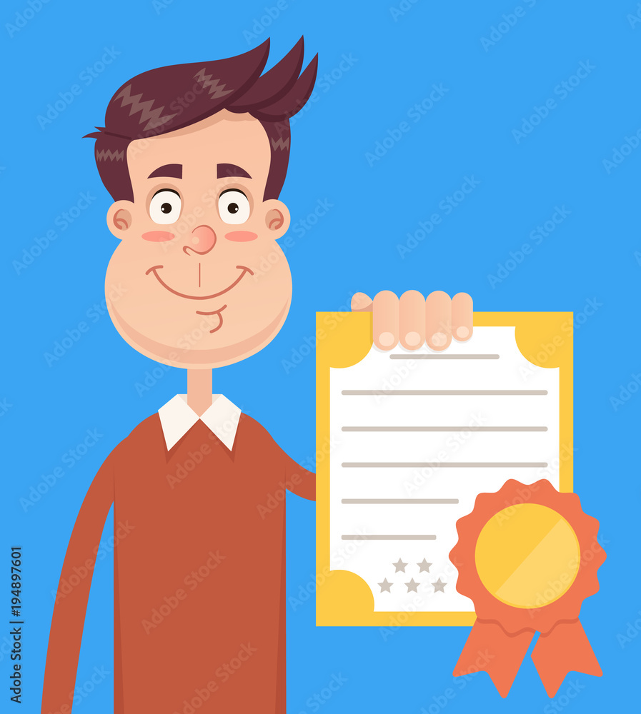 Happy smiling man student character holding certificate education ...