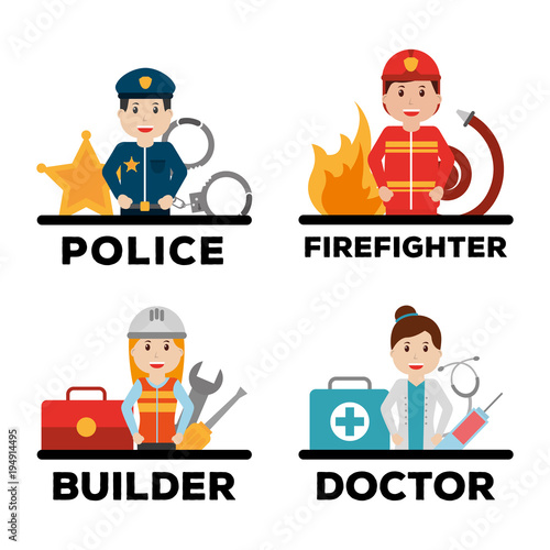 collection people professional police doctor fireman and builder vector ...
