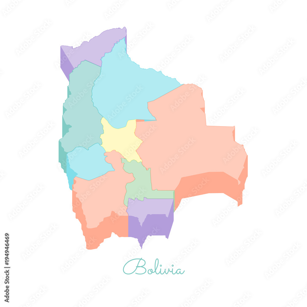Bolivia region map: colorful isometric top view. Detailed map of Bolivia regions. Vector ...