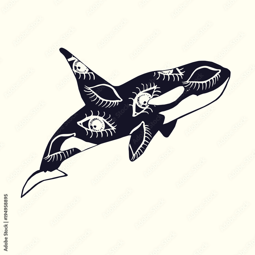 Killer whale with open and closed eyes with long lashes print on skin ...