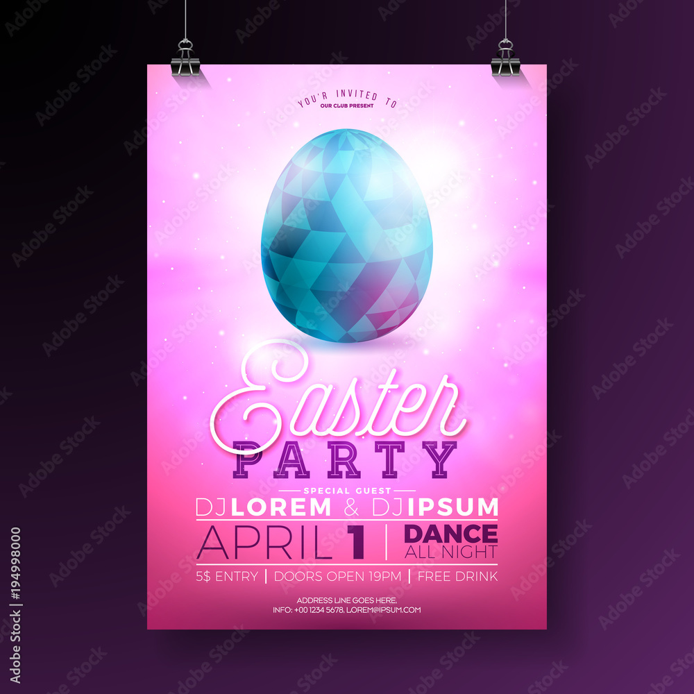 Vector Easter Party Flyer Illustration with painted eggs, rabbit ears and typography elements on ...
