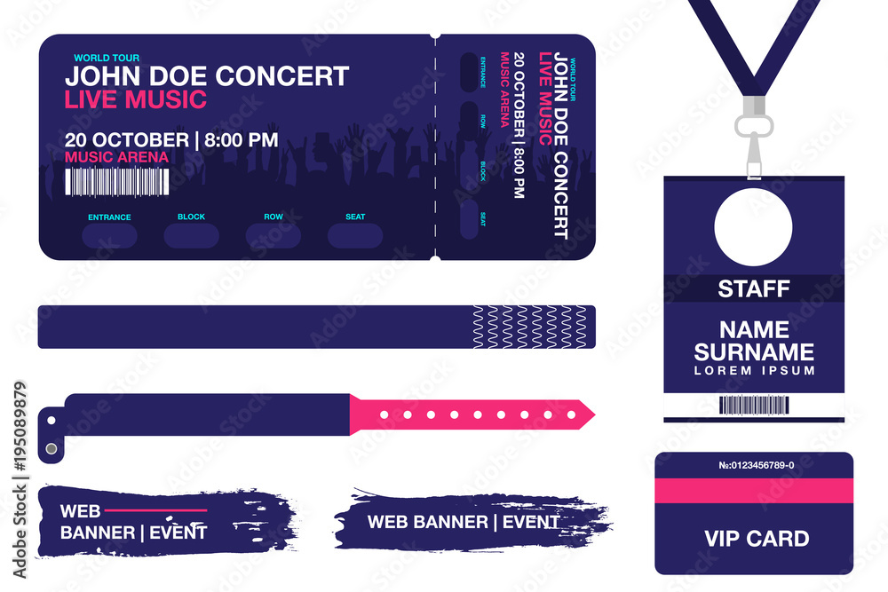 Concert ticket, bracelets, lanyards, identification card for access ...