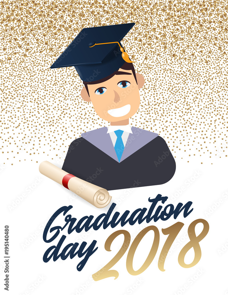 Graduation 2018 poster with a happy graduate man. Can be used for ...
