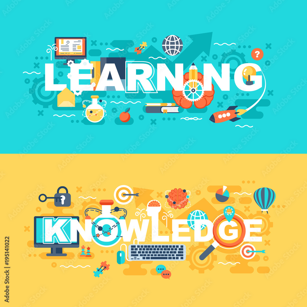 Vector de Stock Learning and knowledge set of flat concept. Banners ...