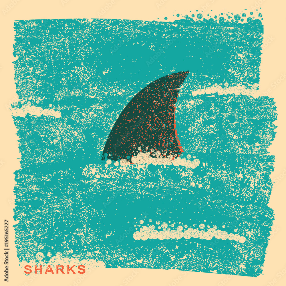 Shark fin in ocean.Vintage poster on old paper texture Stock Vector ...
