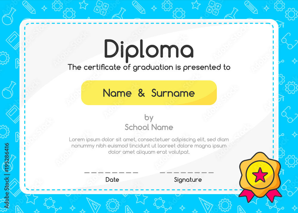 Kids Diploma certificate in cute style blue background template layout ...