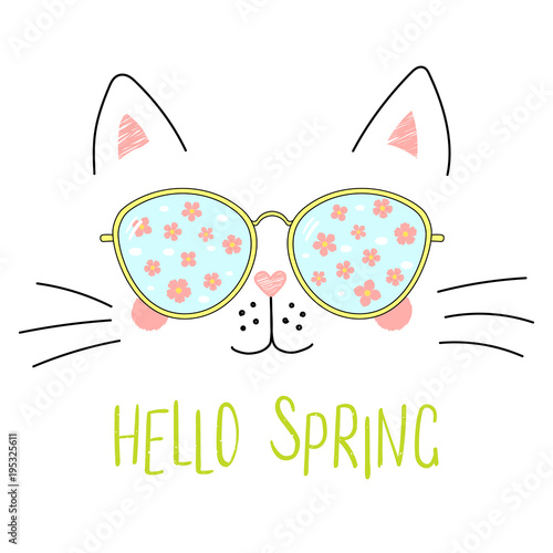 Hand drawn portrait of a cute cartoon funny cat in sunglasses with ...