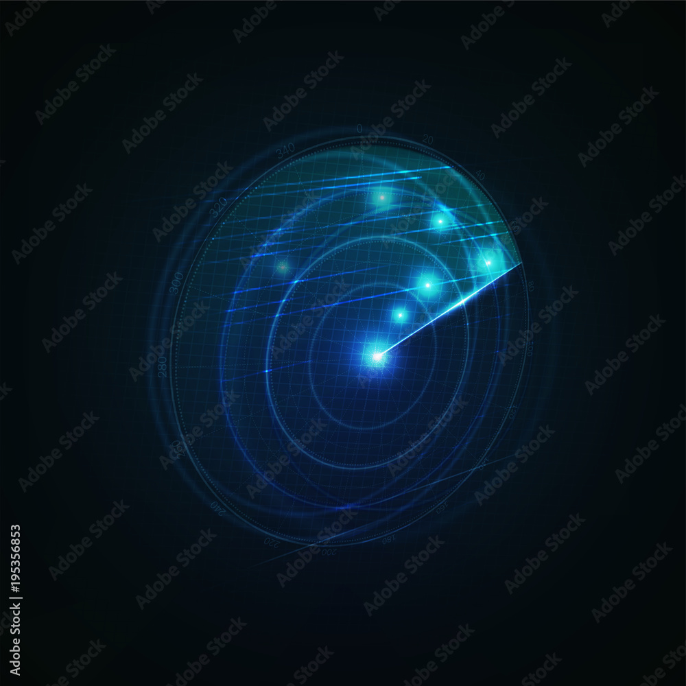 3d hud radar scanning the space . Military searching system blip . Navy ...