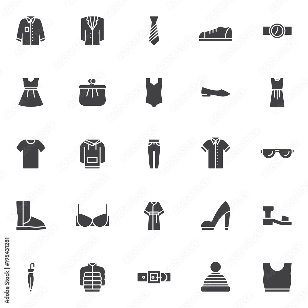 Clothing vector icons set, modern solid symbol collection, filled style ...