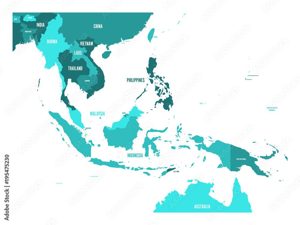 Map of Southeast Asia. Vector map in shades of turquoise blue. Stock ...