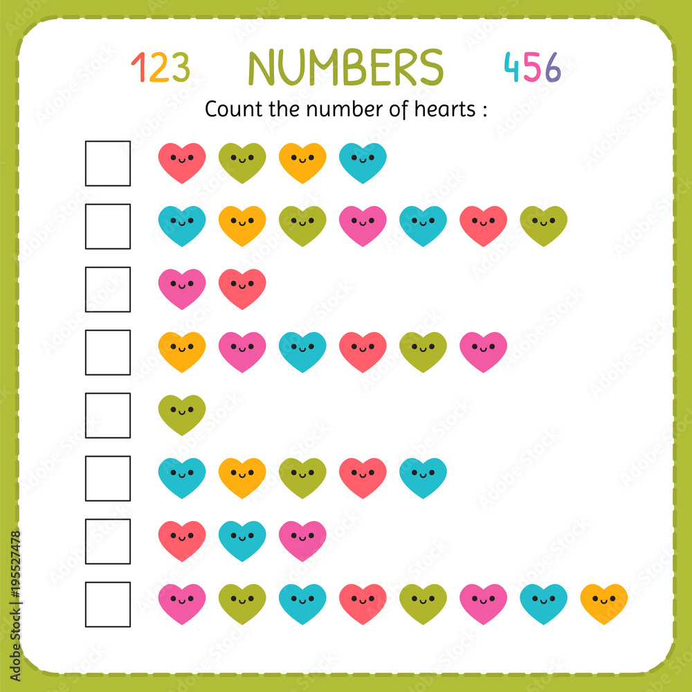 Count the number of hearts. Worksheet for kindergarten and preschool ...