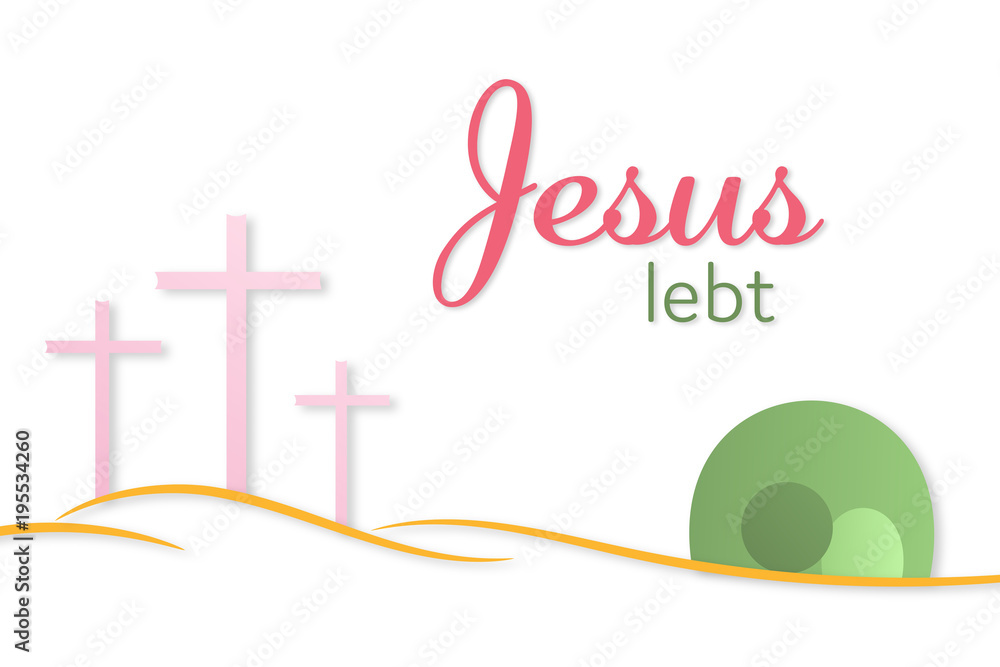 Easter background. Three crosses and empty tomb with text : Jesus is ...
