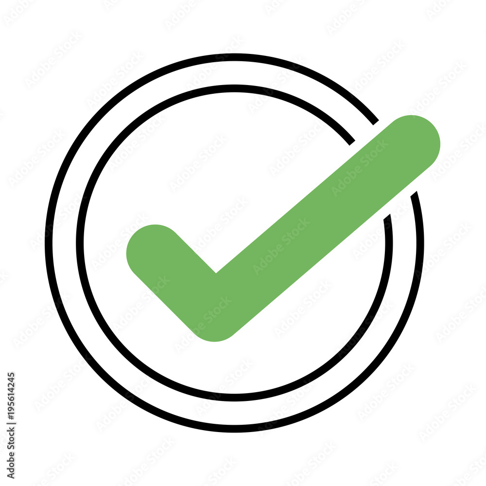 Green check mark icon in a black circle. Tick symbol in green and black ...