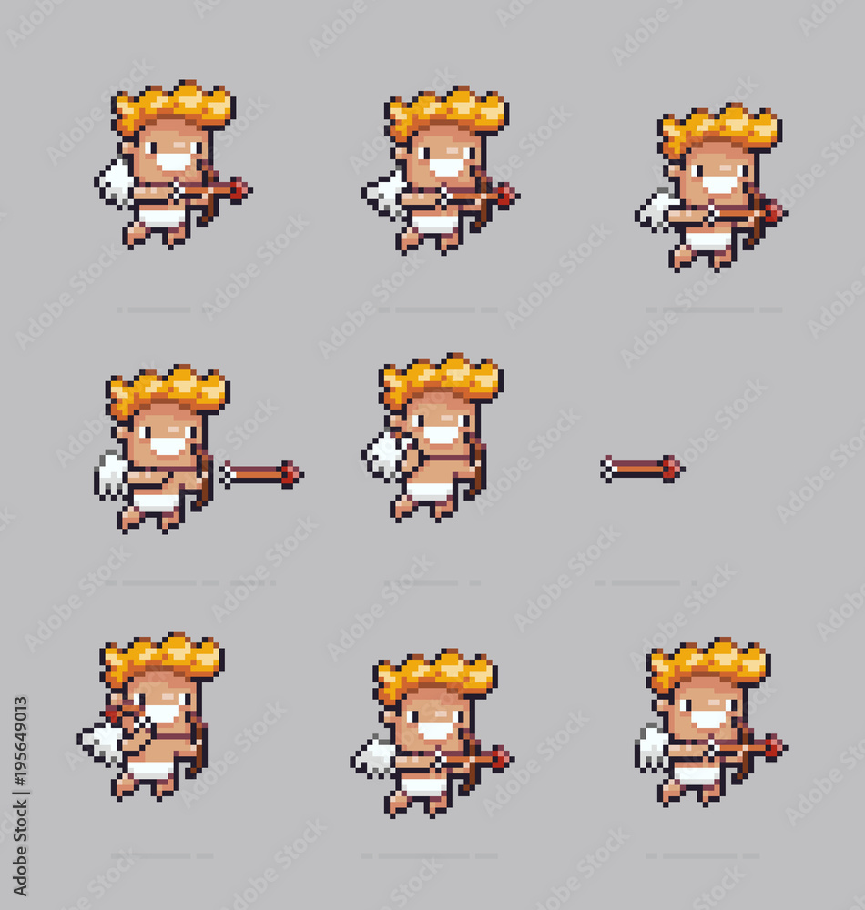 Pixel art cupid shooting arrows with his bow, sprite sheet animation ...