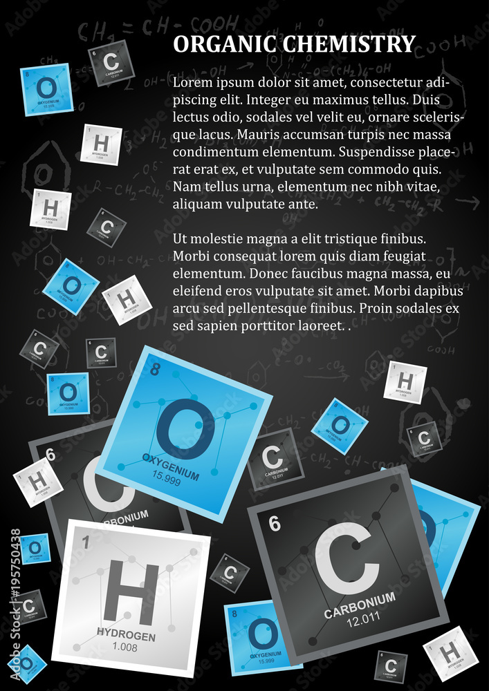 Organic chemistry design in dark colors with a paragraph of text and ...
