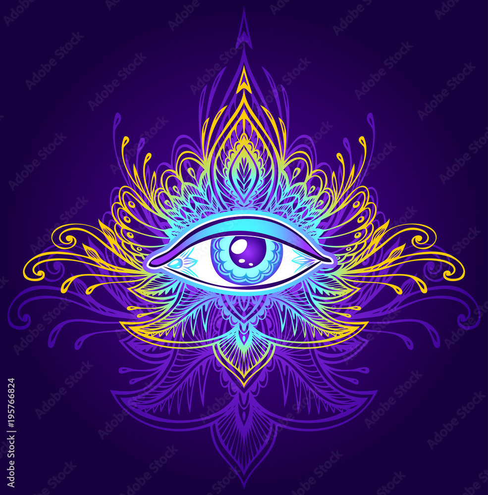 Abstract symbol of All-seeing Eye in Boho Indian Asian Ethno style blue ...