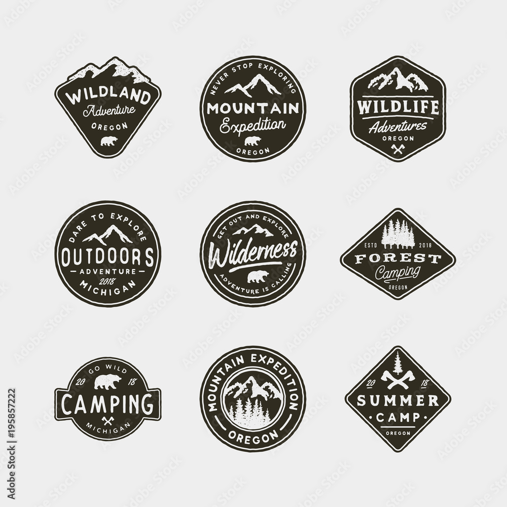 set of vintage wilderness logos. hand drawn retro styled outdoor ...