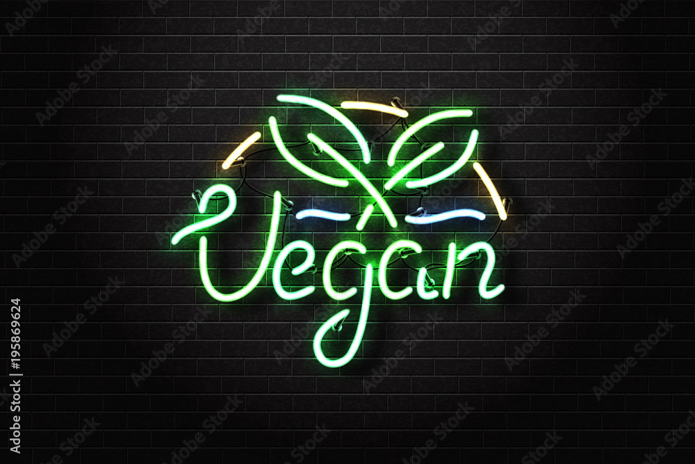 Vector realistic isolated neon sign of Vegan lettering logo with green ...