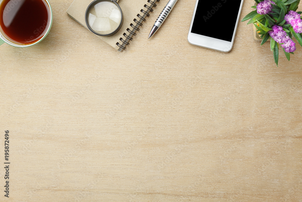 Table top view aerial image stationary on office desk background ...