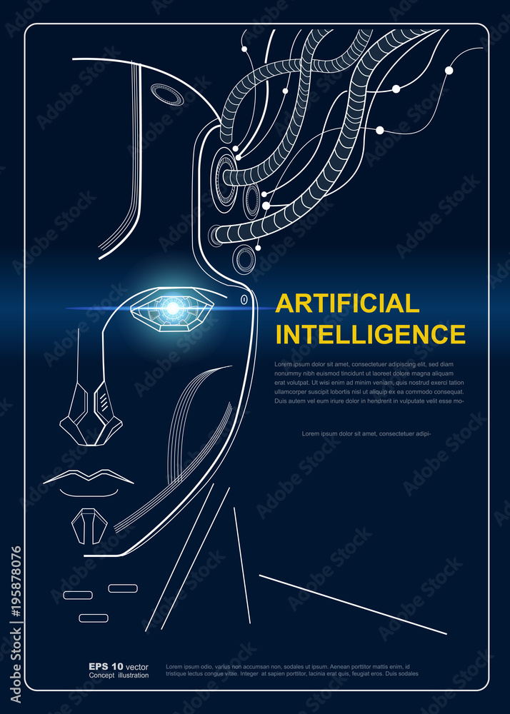 AI(Artificial Intelligence) concept poster. Robot face conect the brain with big data,Internet ...