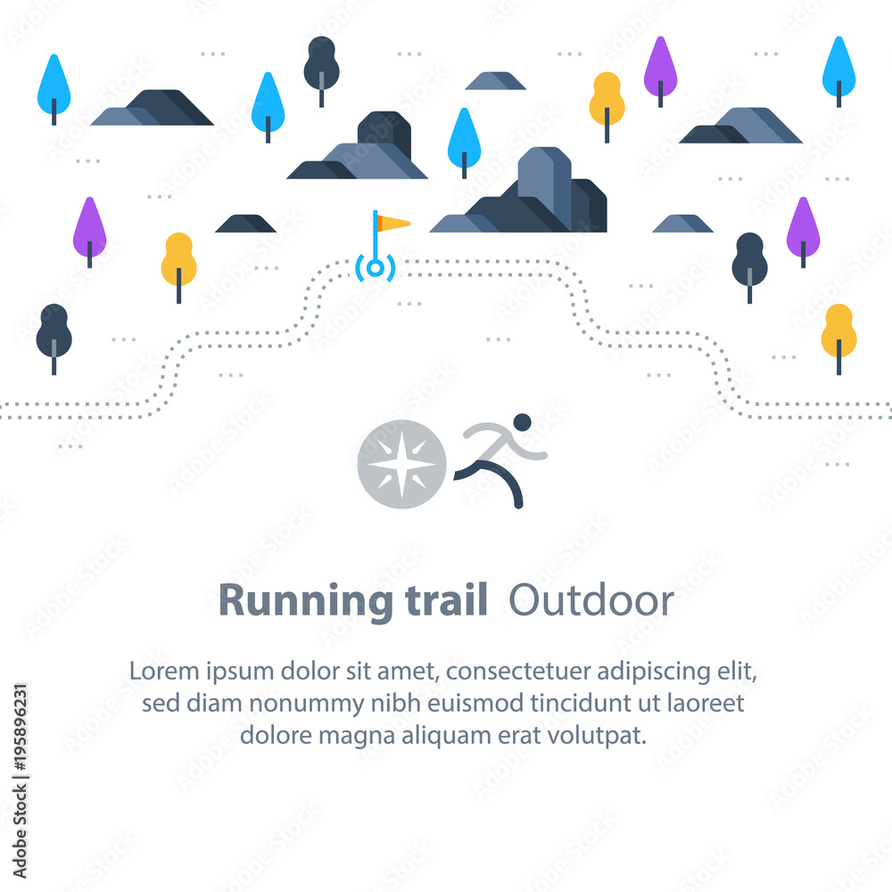 Trail map with flags, outdoor running, marathon path, countryside ...