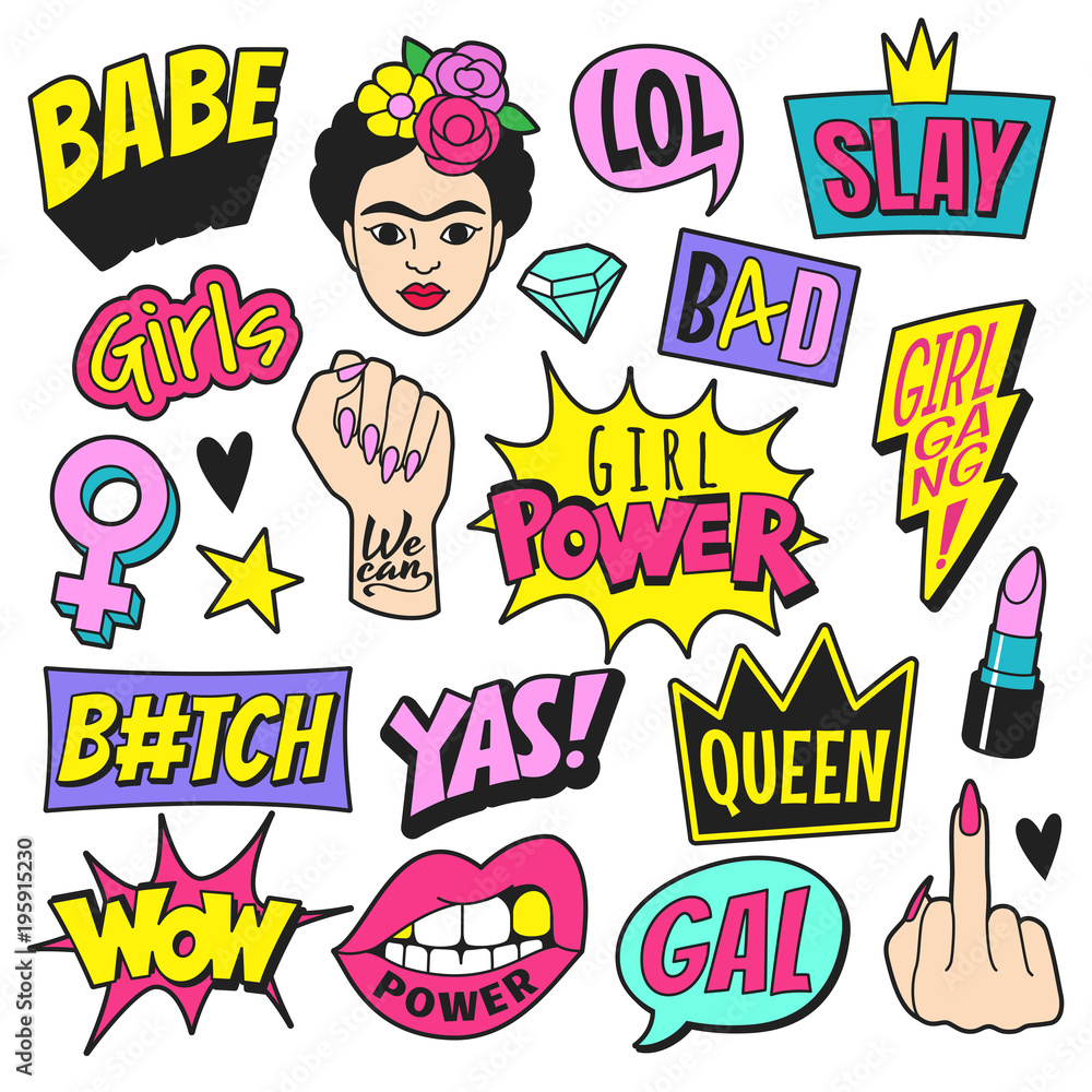 Girl power patches collection. Vector illustration of feminist symbols ...
